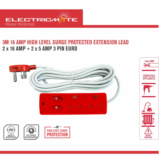 Electricmate - 16 AMP High Level Surge Extension Lead 3m